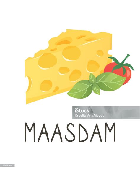 바질과 토마토를 곁들인 마스담 치즈 유기농 농장 식품 디자인 요소 로고 포스터 메뉴에 대한 만화 평면 그림 흰색 배경에 고립되어
