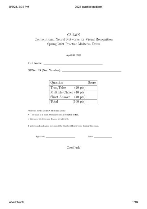 Solution 2022 Practice Midterm Convolutional Neural Networks For Visual Recognition Cs 231n