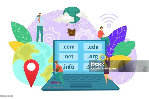 도메인 웹 이름 등록 개념 랩톱 및 네트워크 사람들의 웹 사이트 호스팅 아이콘 벡터 일러스트레이션 Seo 인터넷 기술 Com에 대한 스톡 벡터 아트 및 기타 이미지
