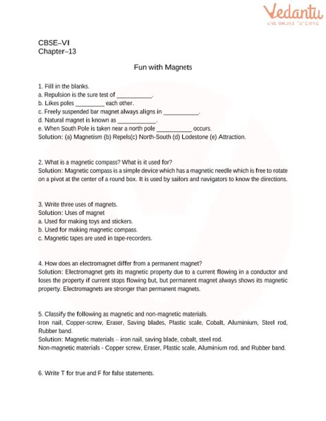 Cbse Class 6 Science Fun With Magnets Worksheets With Answers Chapter 13