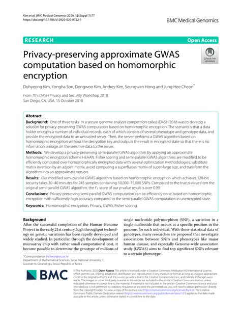 Pdf Privacy Preserving Approximate Gwas Computation Based On