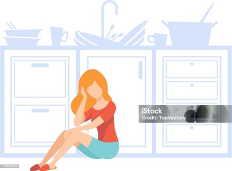 과장 된 주부 생활의 피곤 감정적 인 연소 개념 스트레스 두통 우울증 심리적 문제 벡터 일러스트 개념에 대한 스톡 벡터 아트 및