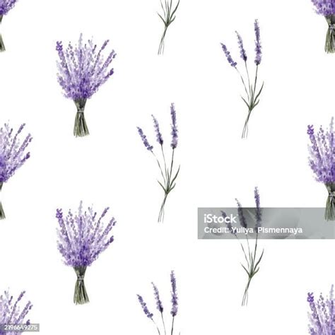 흰색 배경에 라벤더 꽃의 완벽 한 패턴입니다 식물 수채화 그림입니다 카드 월페이퍼 포장 초대장 스크랩북 데쿠파주 및 자수 공단에 대한 스톡 벡터 아트 및 기타 이미지