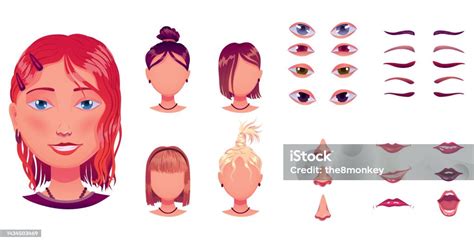 여자 얼굴 구조 다른 머리 부분아바타 생성 젊은 여성 또는 여성의 눈 코 눈썹과 입술의 벡터 만화 세트 흰색 배경에 격리된 얼굴 생성기용 헤드 팩 가공의 인물에 대한 스톡