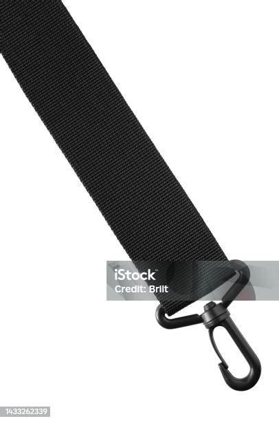 블랙 벨트 밧줄 스트랩 끈 거 플라스틱 걸쇠 스냅 래치 후크 Carabiner 고립 된 매크로 근접 촬영 대형 상세한 수직 대각선 스튜디오 샷 가는 끈에 대한 스톡 벡터