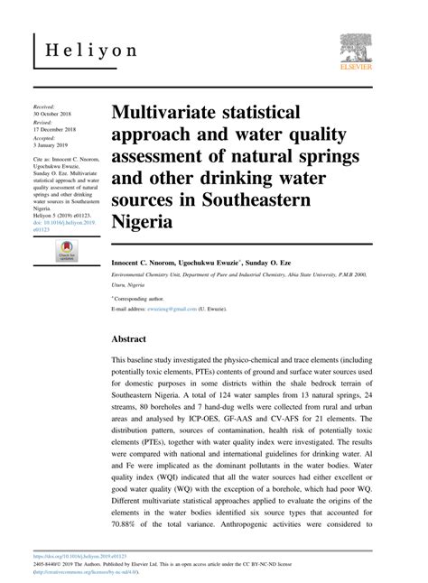 Pdf Multivariate Statistical Approach And Water Quality Assessment Of Natural Springs And