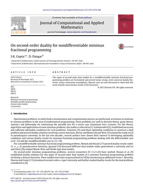 Pdf On Second Order Duality For Nondifferentiable Minimax Fractional Programming