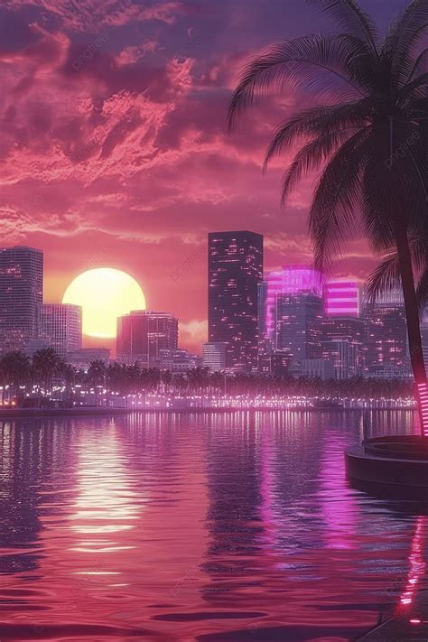 일몰 하늘을 배경으로 야자수와 네온 불빛이 있는 1980년대 신스웨이브 도시 풍경 배경 배경 화면 및 일러스트 무료 다운로드 Pngtree