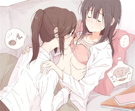 Rule 34 2girls Blanket Blue Eyes Blue Hair Blush Bra Lift Breast Grab