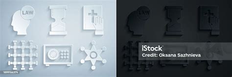 안전하게 설정 성경에 대한 맹세 감옥 창문 육각형 보안관 오래된 모래 시계 및 법률 아이콘이 있는 머리 벡터 3차원 형태에 대한 스톡 벡터 아트 및 기타 이미지 Istock