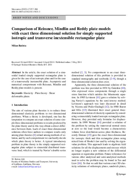 Pdf Comparison Of Reissner Mindlin And Reddy Plate Models With Exact Three Dimensional
