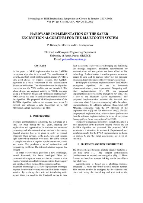 pdf hardware implementation of the safer encryption algorithm for the bluetooth system