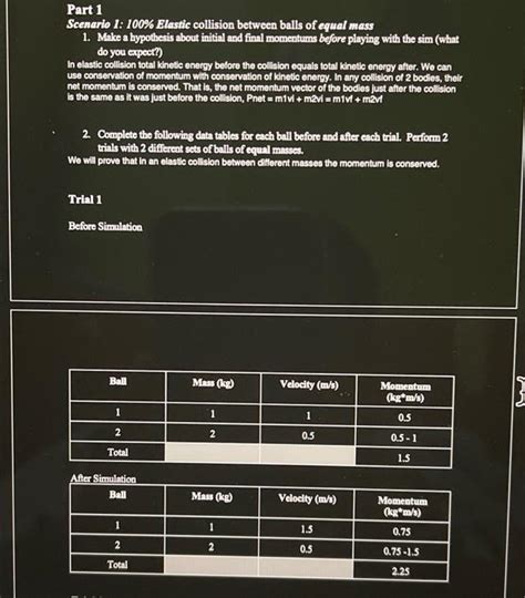 Solved Part 1 Scenario 1 100 Elastic Collision Between