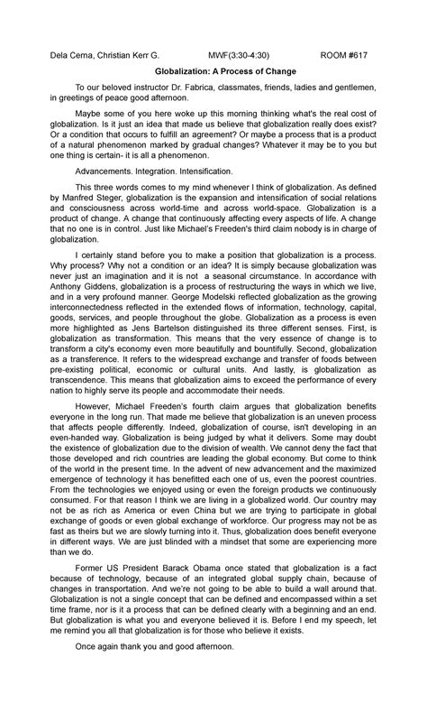 Essay About Globalization Dela Cerna Christian Kerr G Mwf330 430