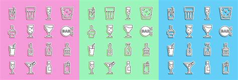 세트 라인 칵테일 블러디 메리 위스키 병 바가있는 거리 간판 샴페인 잔 맥주 와인 용 나무 코르크 및 와인 유리 아이콘 벡터 0명에 대한 스톡 벡터 아트 및 기타 이미지
