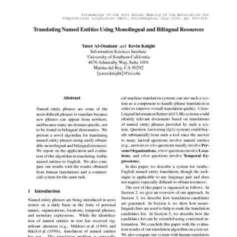 Translating Named Entities Using Monolingual And Bilingual Resources