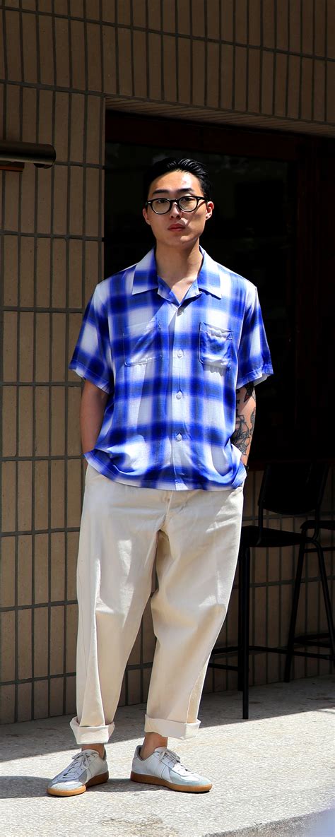 휴스턴 재팬 옴브레 체크 셔츠 카키 40988kk Houston Japan Kream