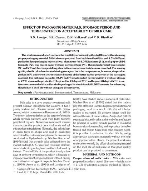 Pdf Effect Of Packaging Materials Storage Period And Temperature On Acceptability Of Milk Cake