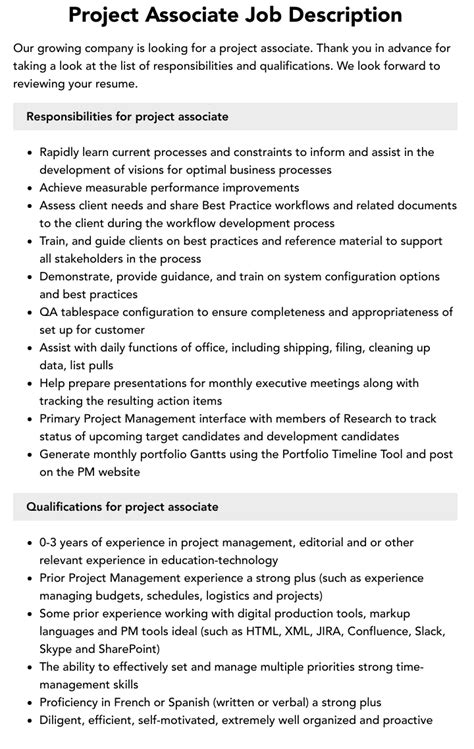 Project Associate Job Description Velvet Jobs