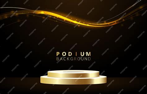 어두운 배경에 밝은 황금 곡선 선과 보케 및 흐림 요소가 있는 제품 연단 프리미엄 벡터