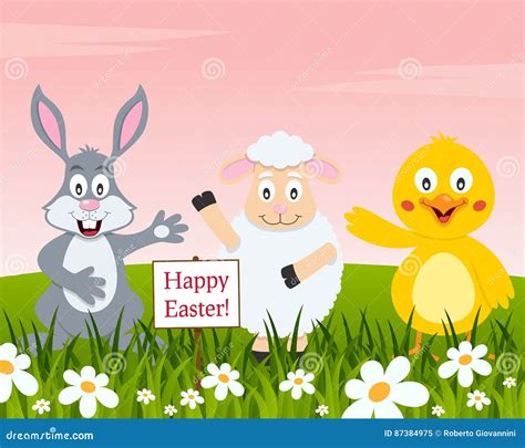 Happy Easter With Rabbit Lamb And Chick Stock Vector Illustration Of