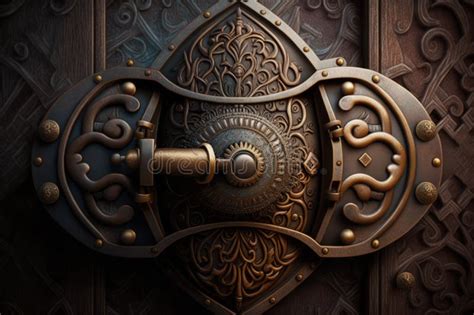 An Intricate Metal Lock On A Wooden Door Stock Illustration