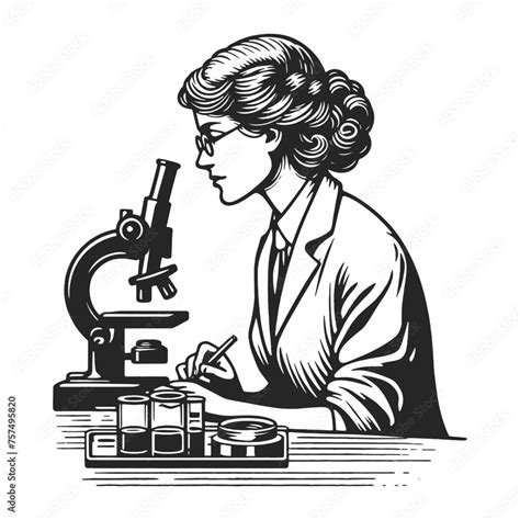 Female Scientist Examining Samples With A Microscope In A Laboratory Setting Sketch Engraving