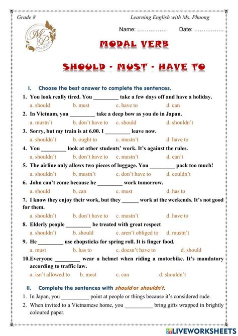 English 8 Modal Verb Worksheet Live Worksheets Worksheets Library