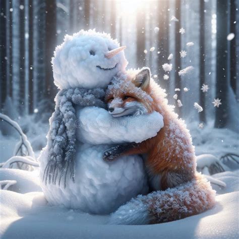 Snowman Hugging A Fox In Winter Woods Stock Illustration Illustration