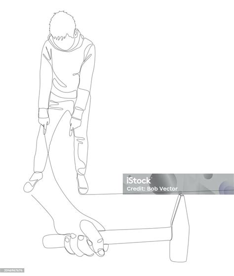 One Continuous Line Of Man Pointing With Finger At Hammer Thin Line Illustration Construction