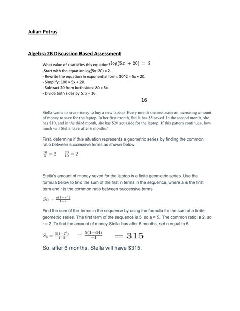 Algebra 2b Discussion Based Assessment Docx Julian Potrus Algebra 2b Discussion Based