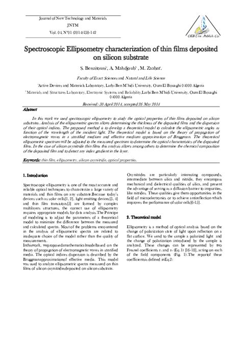 Pdf Spectroscopic Ellipsometry Characterization Of Thin Films