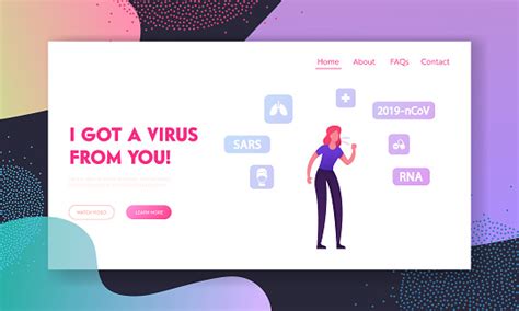 코로나 바이러스 증상 예방 및 치료 웹 사이트 방문 페이지 아픈 여자 기침 2019ncov Rna와 사스 얼굴 마스크 폐 및