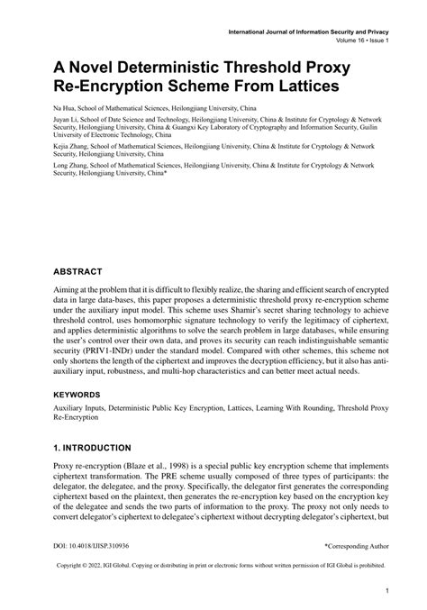 Pdf A Novel Deterministic Threshold Proxy Re Encryption Scheme From Lattices