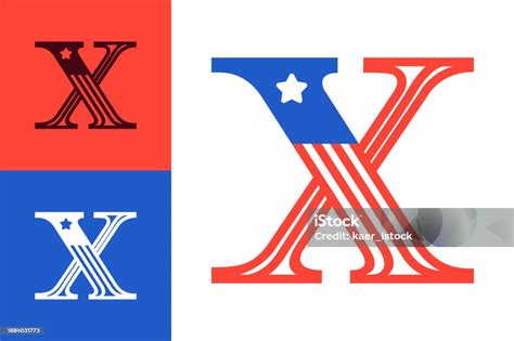 미국 국기로 만든 X 문자 로고 별과 줄무늬가 있는 Serif 글꼴입니다 미국 역사와 7 월 4 일 축하 행사의 클래식 아이콘 7월 4일에 대한 스톡 벡터 아트 및 기타