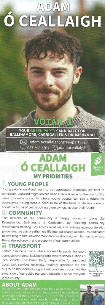Leaflet From Adam Ó Ceallaigh Green Party Ballinamore 2024 Local Elections Irish