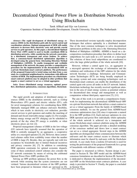 Pdf Decentralized Optimal Power Flow In Distribution Networks Using Blockchain
