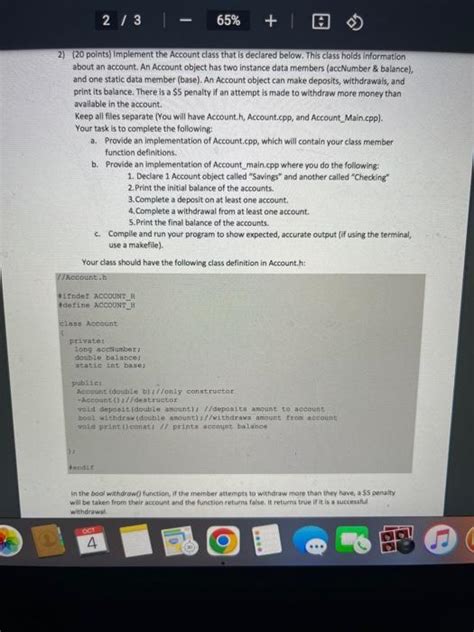 solved 2 20 points implement the account class that is
