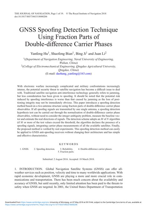 Pdf Gnss Spoofing Detection Technique Using Fraction Parts Of Double Difference Carrier Phases