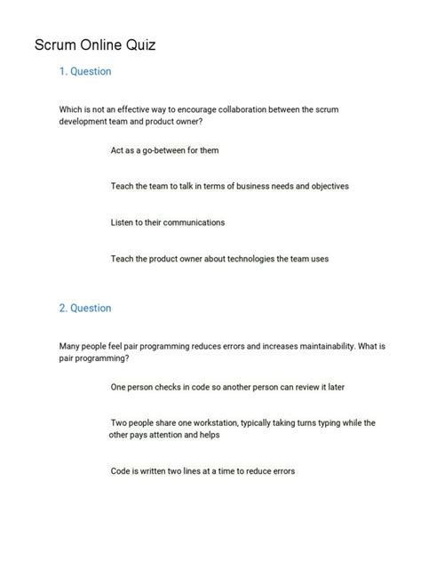 Scrum Online Quiz Pdf Scrum Software Development Product Development