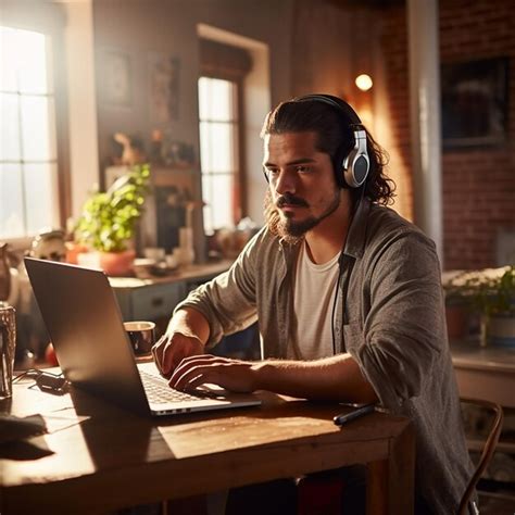Premium Ai Image A Man Sits At A Desk With A Laptop And Headphones On His Ears
