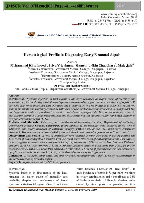 Pdf Hematological Profile In Diagnosing Early Neonatal Sepsis