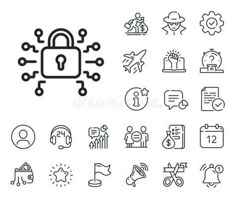 Security Lock Line Icon Cyber Defence Sign Salaryman Gender Equality And Alert Bell Vector