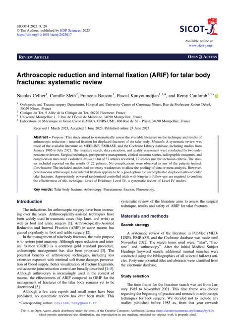 Pdf Arthroscopic Reduction And Internal Fixation Arif For Talar Body Fractures Systematic