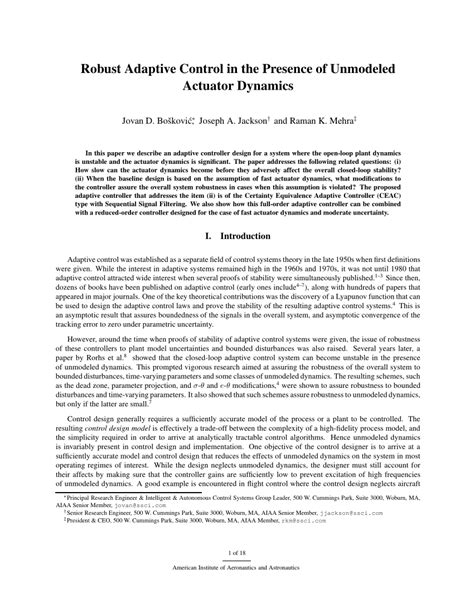 Pdf Robust Adaptive Control In The Presence Of Unmodeled Actuator
