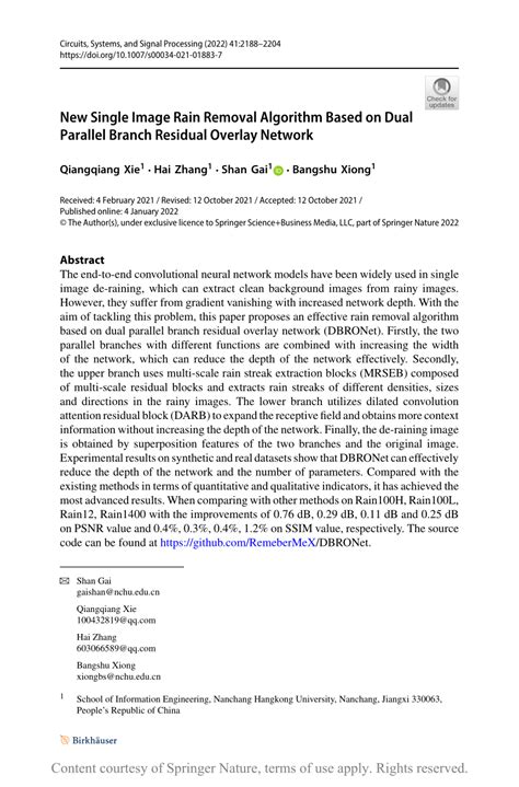 New Single Image Rain Removal Algorithm Based On Dual Parallel Branch