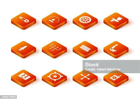 자동차 자동차 오디오 스피커 스파크 플러그 기어 시프터 휠 렌치 라디에이터 냉각 시스템 모터 오일 및 시트 아이콘용 캐니스터의 진단 조건을 설정합니다 벡터 3차원 형태에