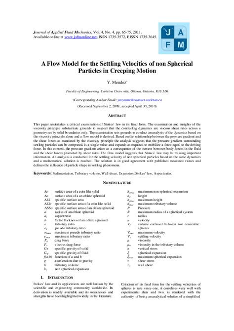 Pdf A Flow Model For The Settling Velocities Of Non Spherical