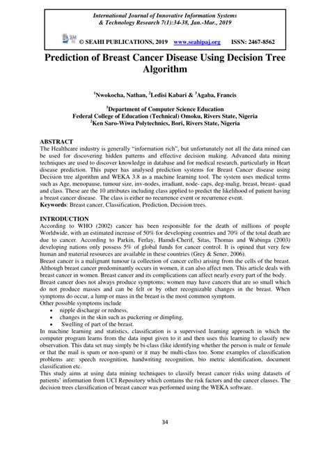 Pdf Prediction Of Breast Cancer Disease Using Decision Tree Algorithm