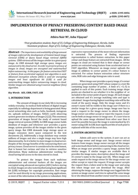 Irjet Implementation Of Privacy Preserving Content Based Image